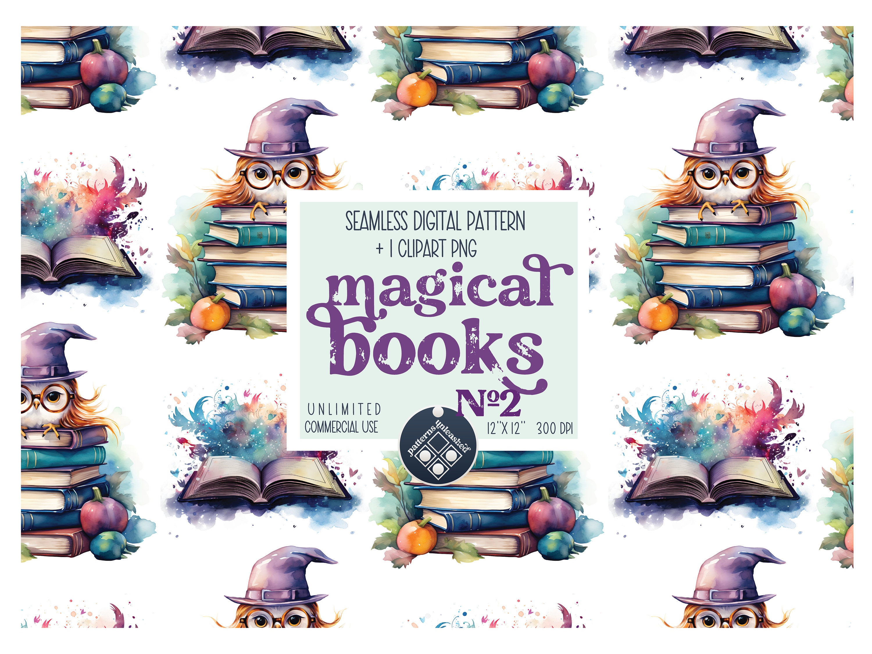 Magical Books Digital Paper Seamless Pattern and Clipart Set Unlimited ...
