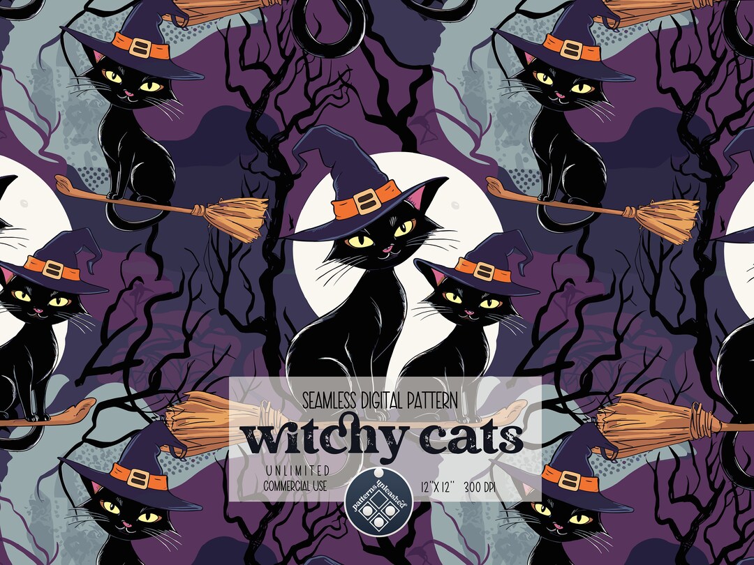 Halloween Witchy Cats Digital Seamless Pattern Unlimited Commercial Use ...