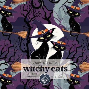 Halloween Witchy Cats Digital Seamless Pattern Unlimited Commercial Use ...