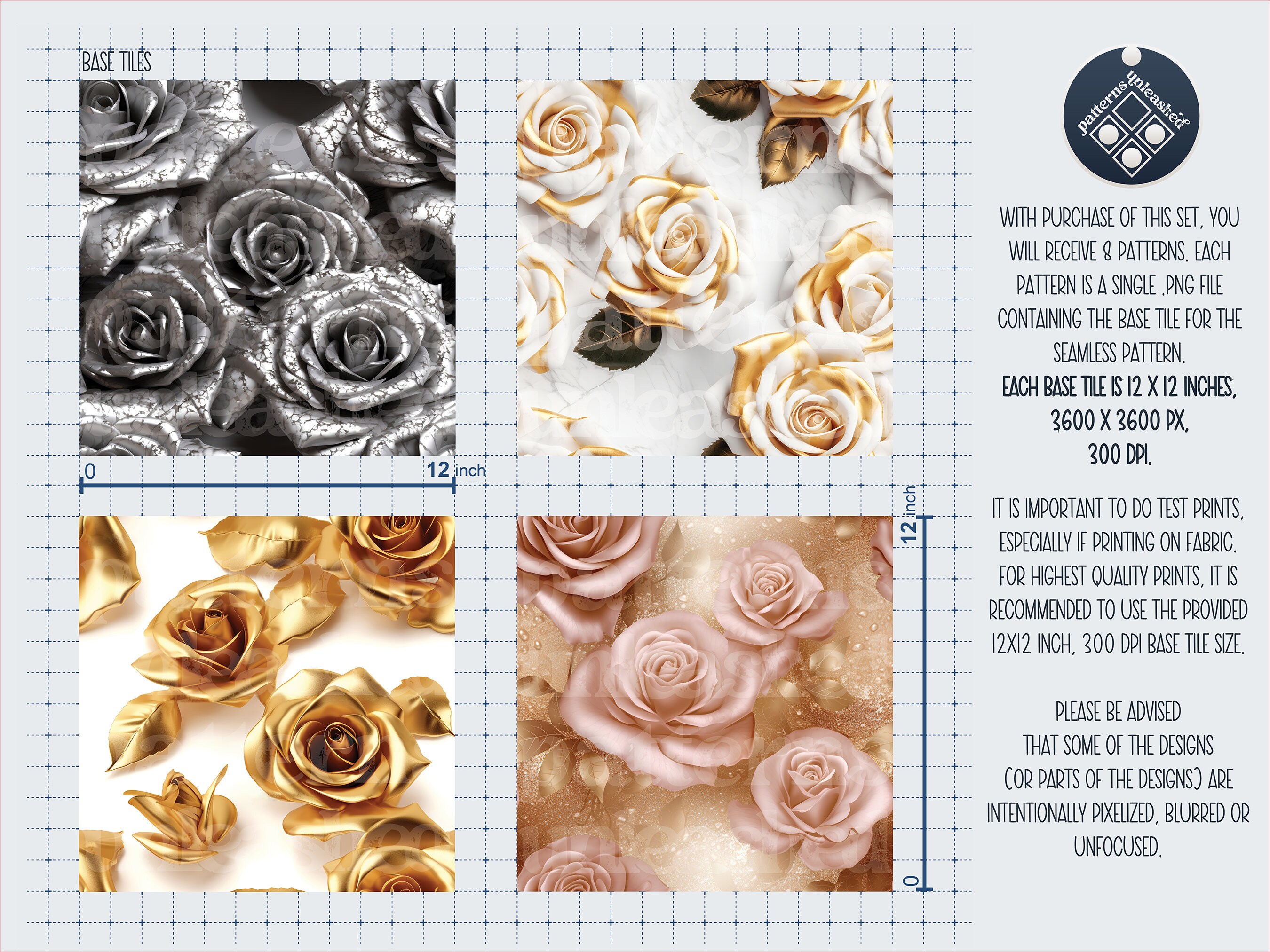 Precious Roses Metal Seamless Patterns Unlimited Commercial Use Digital ...
