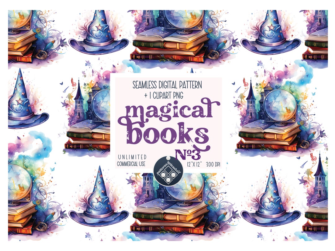 Magical Books Digital Paper Seamless Pattern and Clipart Set Unlimited ...