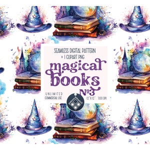 Magical Books Digital Paper Seamless Pattern and Clipart Set Unlimited ...
