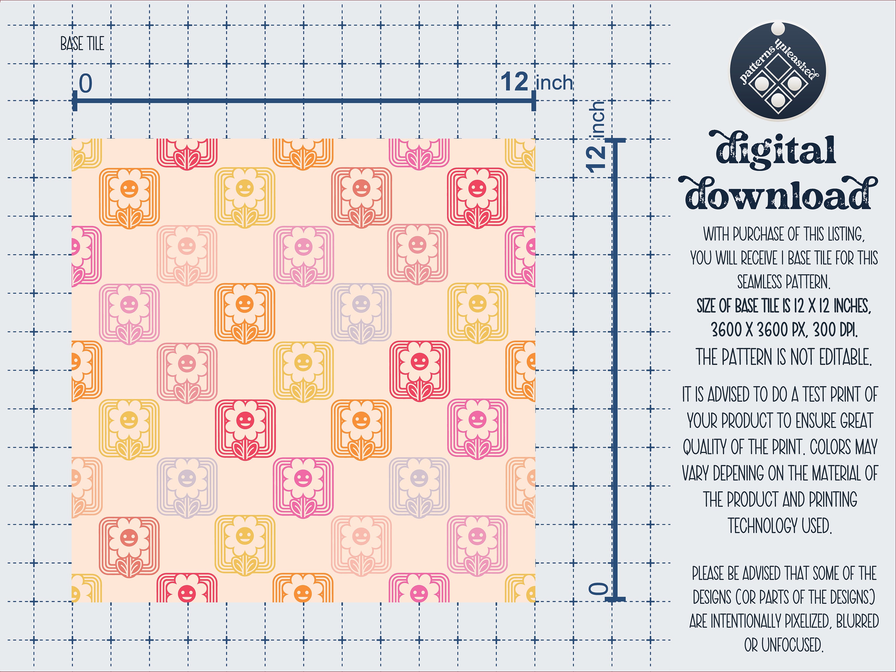Retro Flower Blocks Seamless Pattern Unlimited Commercial Use Digital ...
