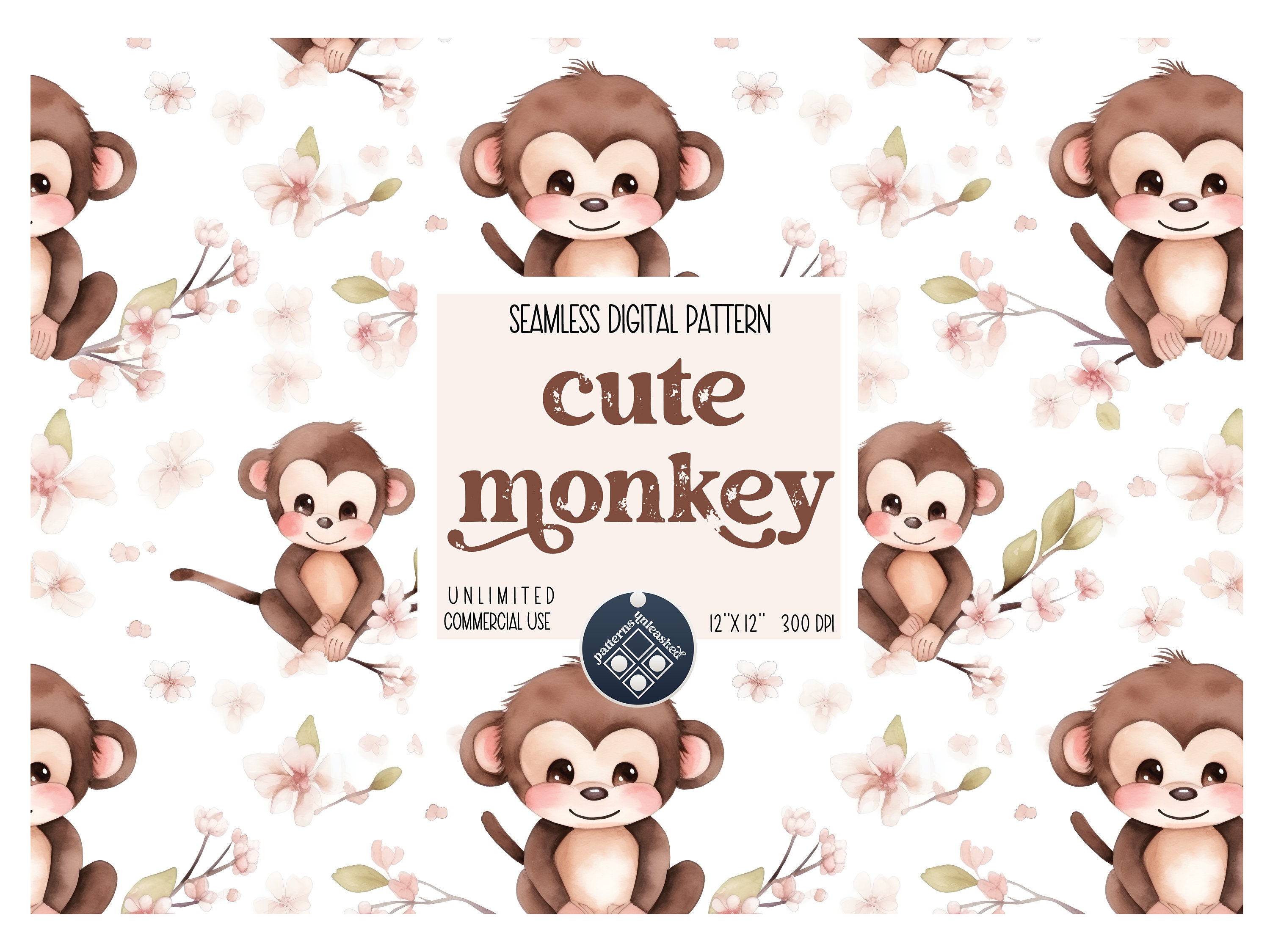 Cute Monkey Seamless Pattern Unlimited Commercial Use Digital Print ...