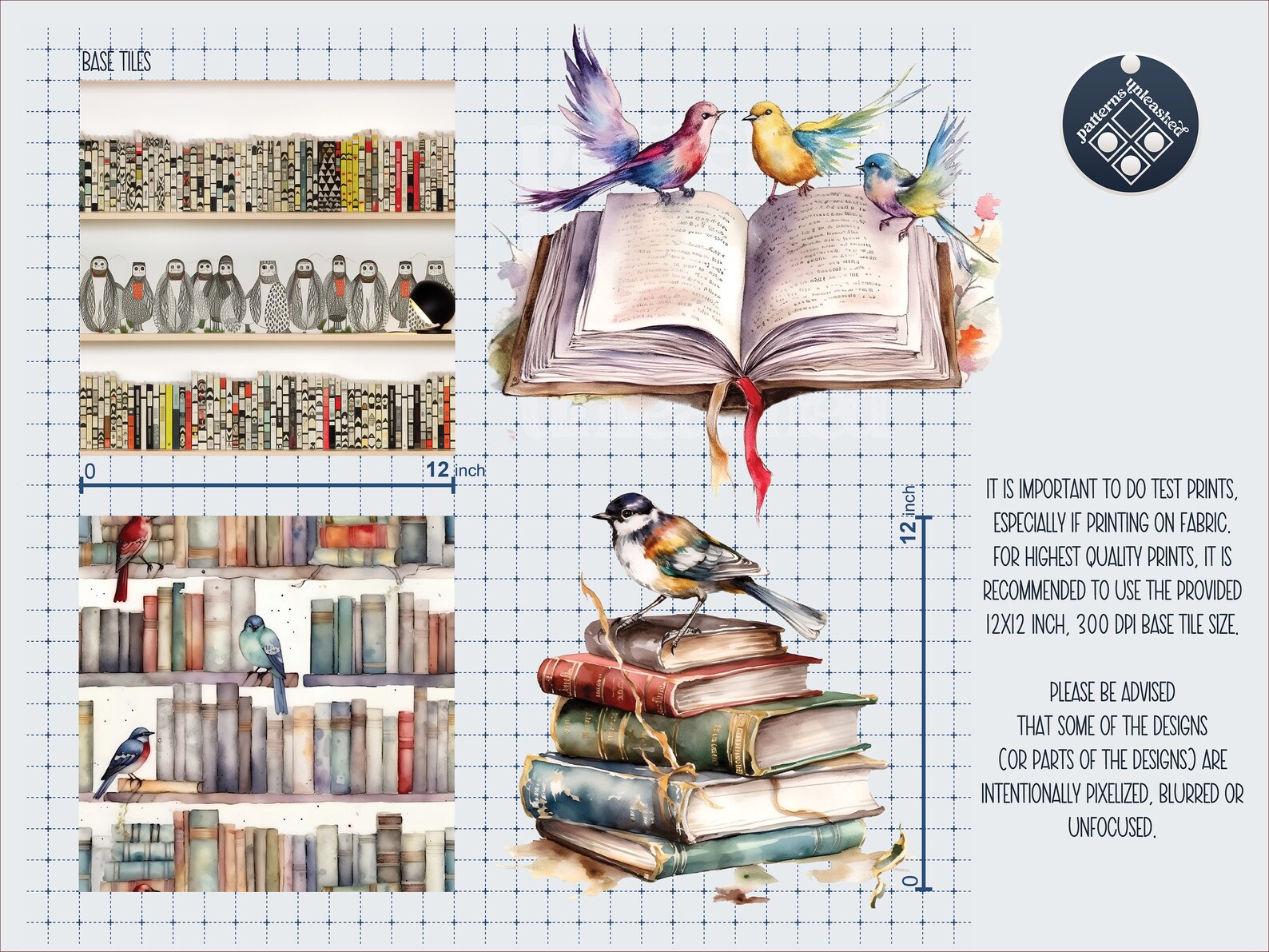 Birds and Books Seamless Pattern Clipart Set Unlimited Commercial Use ...