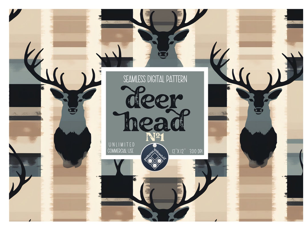 Deer Head Seamless Pattern Clipart Set Unlimited Commercial Use Digital ...