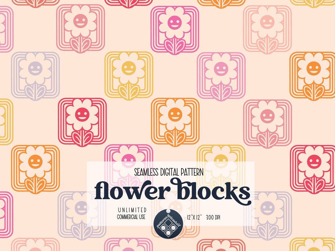 Retro Flower Blocks Seamless Pattern Unlimited Commercial Use Digital ...