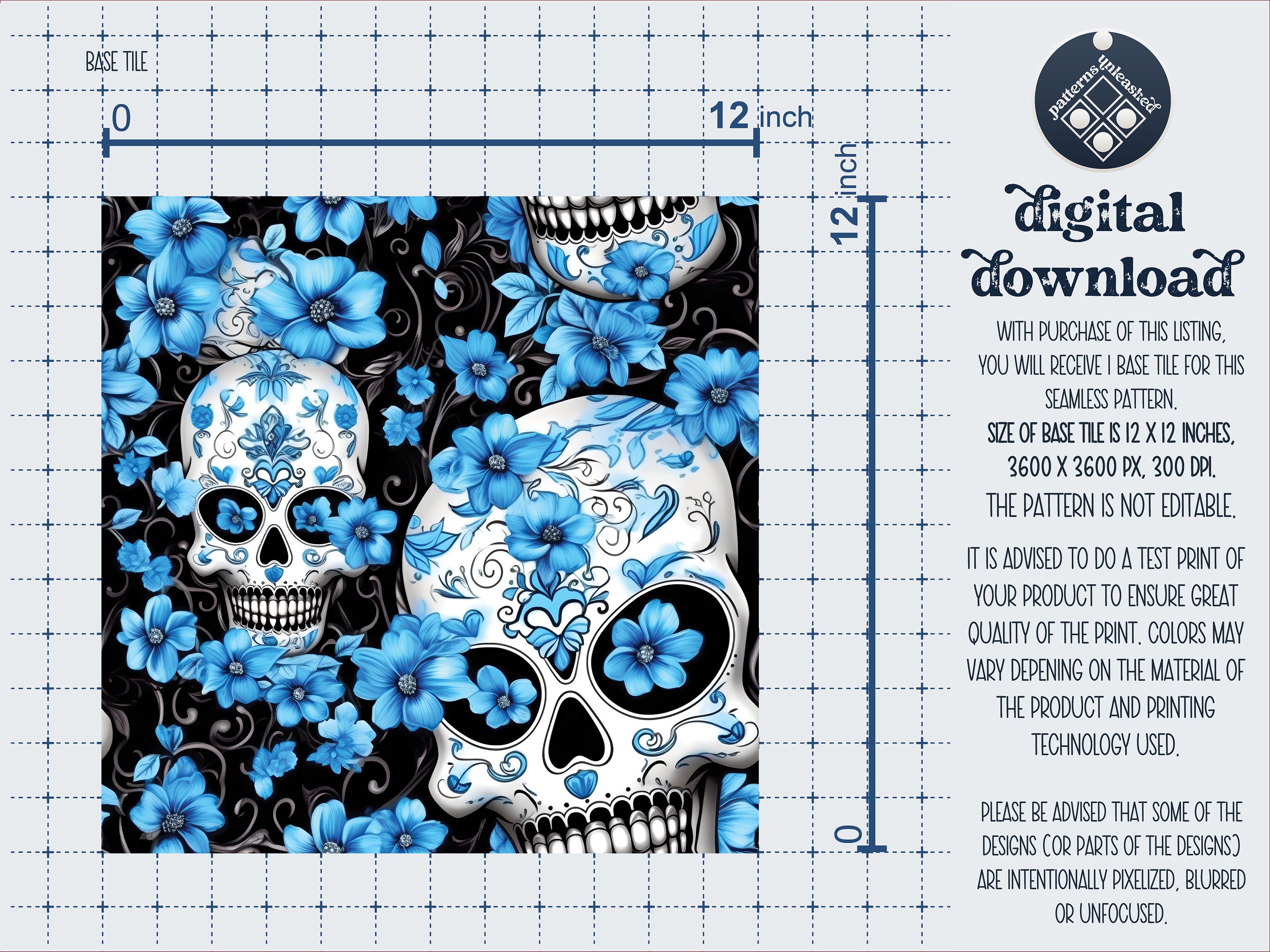 Skulls and Blue Flowers Seamless Pattern Printable Instant - Etsy