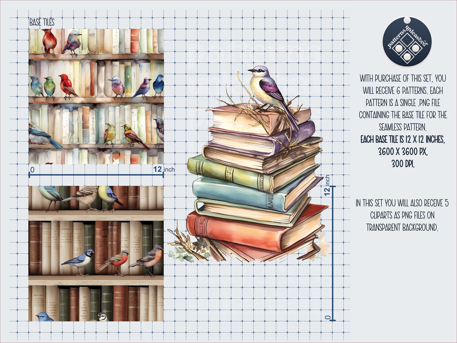 Birds and Books Seamless Pattern Clipart Set Unlimited Commercial Use ...