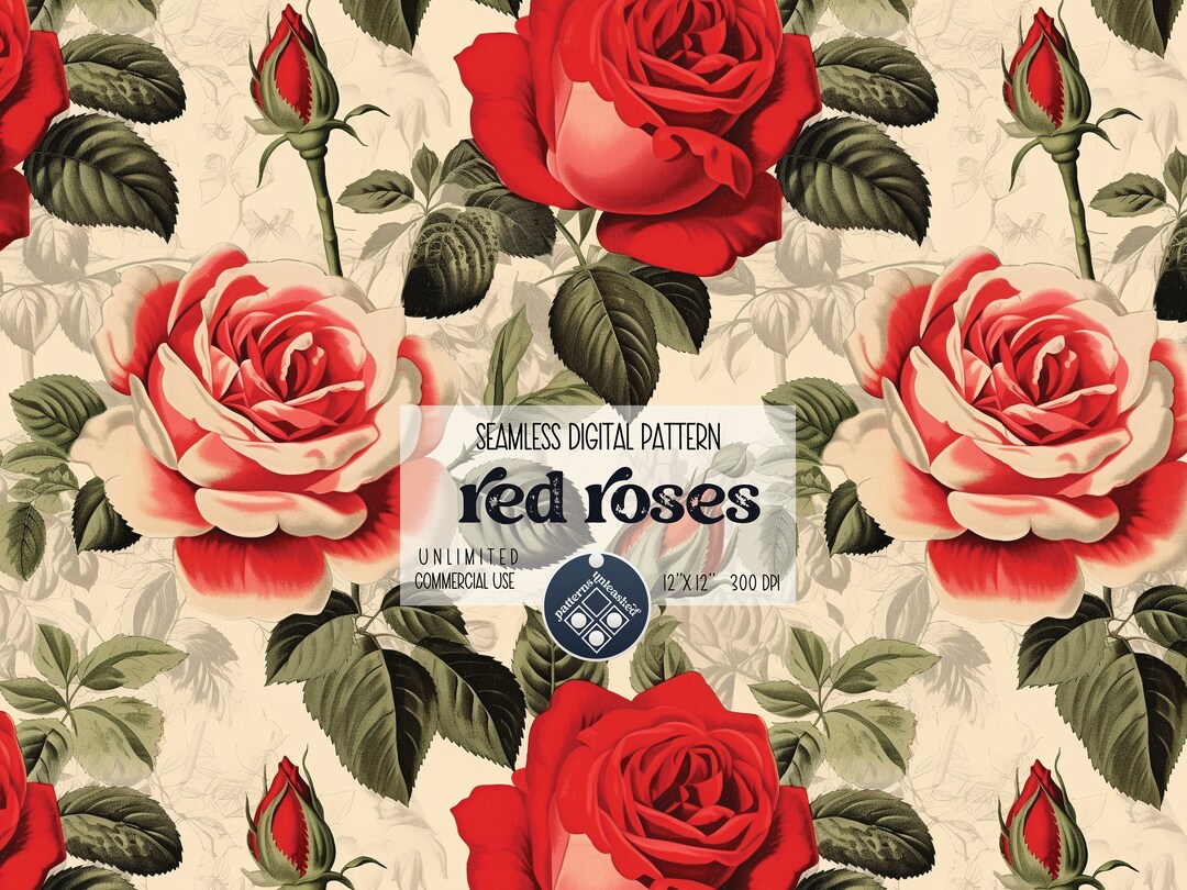 Valentine Red Roses Seamless Pattern Unlimited Commercial Use Digital ...
