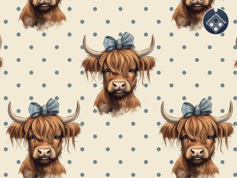 Cute Highland Cow Seamless Pattern Unlimited Commercial Use Digital ...