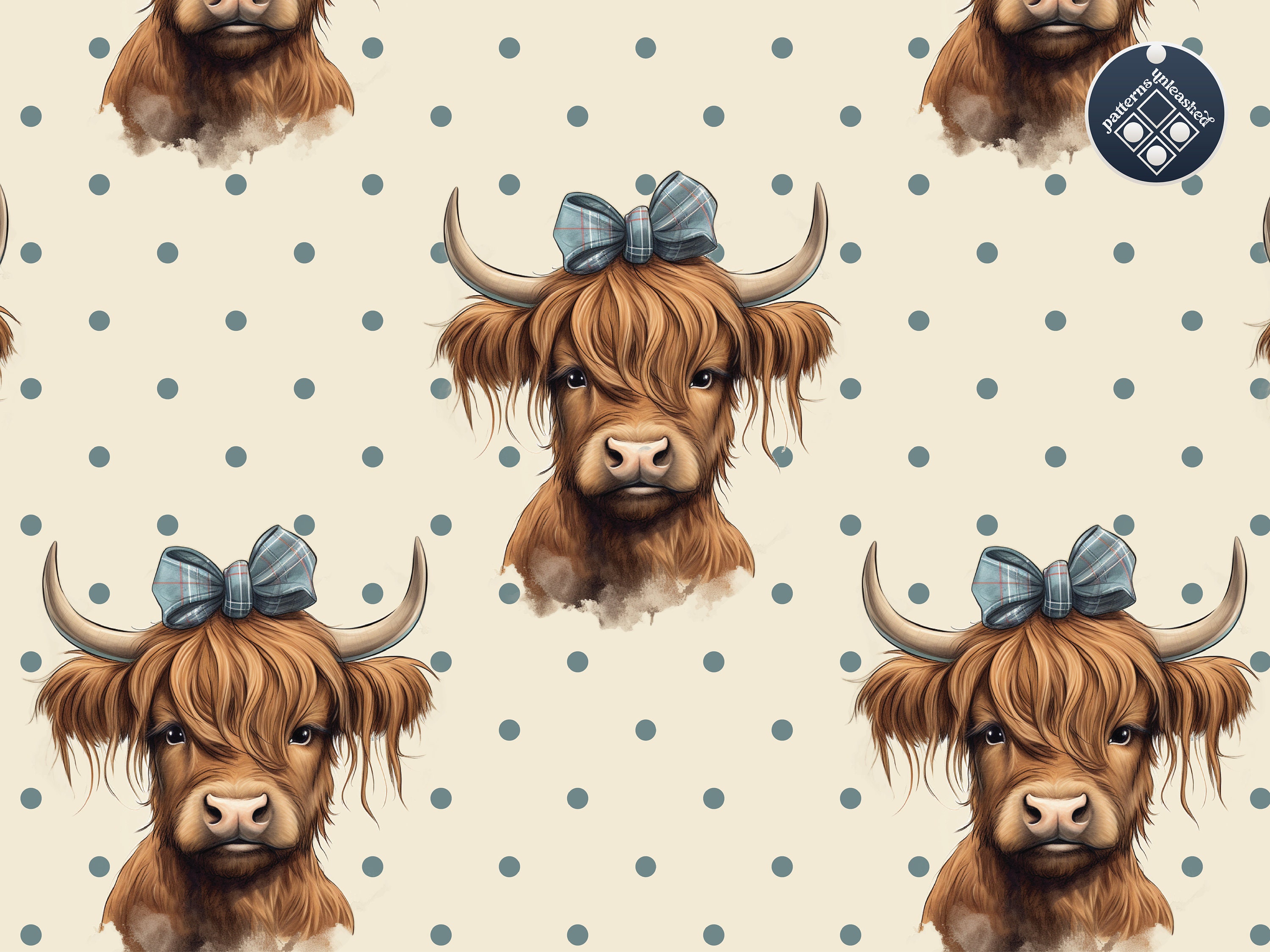 Cute Highland Cow Seamless Pattern Unlimited Commercial Use Digital ...