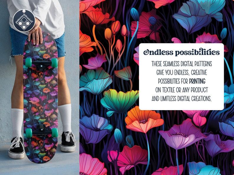 Neon Flowers Seamless Pattern Set Unlimited Commercial Use Digital ...