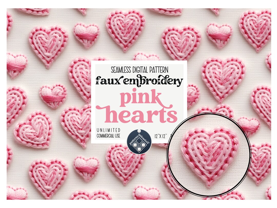 Pink Hearts Faux Embroidery Seamless Pattern Unlimited Commercial Use ...