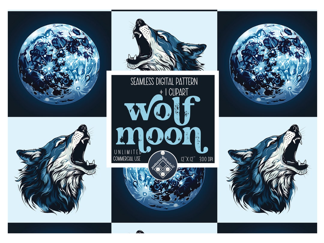 Wolf Moon Seamless Pattern & Clipart Set Unlimited Commercial Use ...