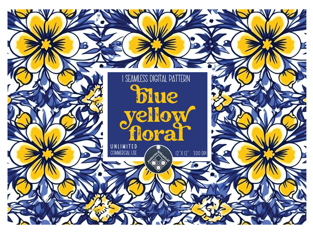 Yellow Blue Flowers Seamless Pattern Unlimited Commercial Use Instant ...