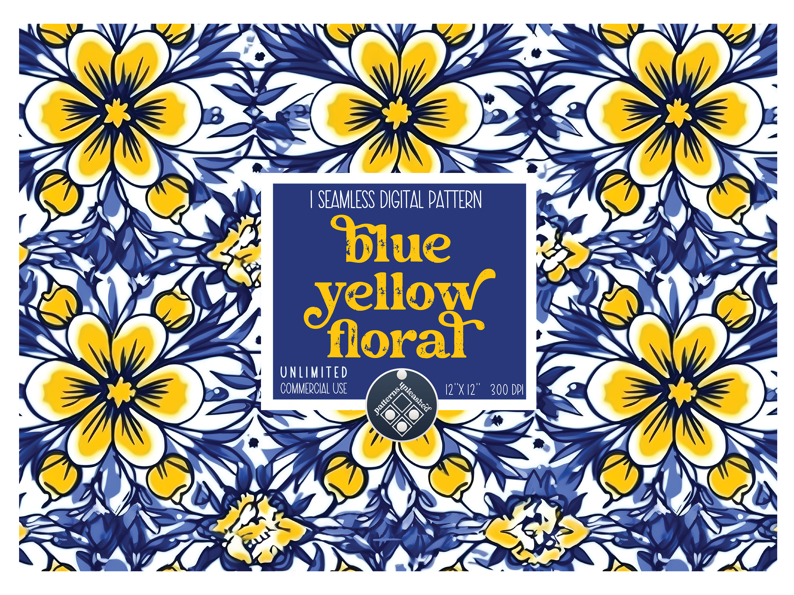 Yellow Blue Flowers Seamless Pattern Unlimited Commercial Use Instant ...