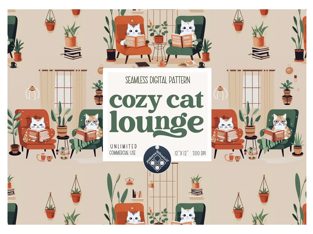 Cozy Cat Lounge Seamless Pattern Unlimited Commercial Use Digital Print ...