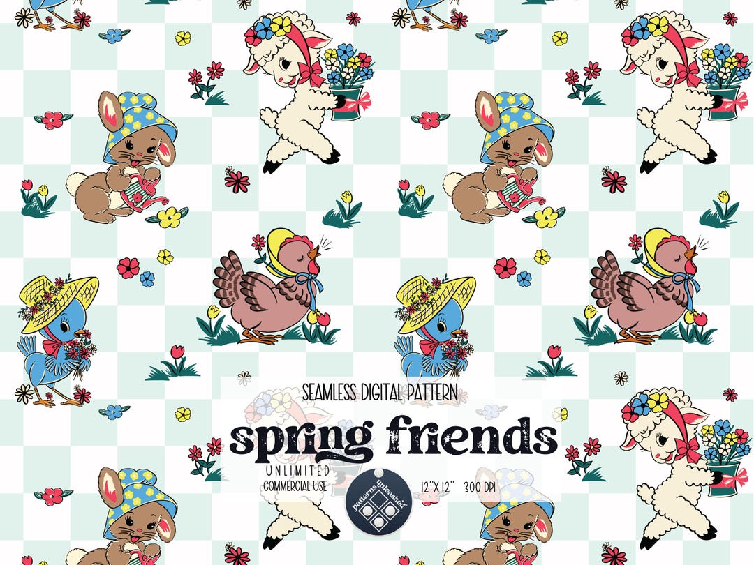 Retro Spring Friends Digital Seamless Pattern Unlimited Commercial Use ...