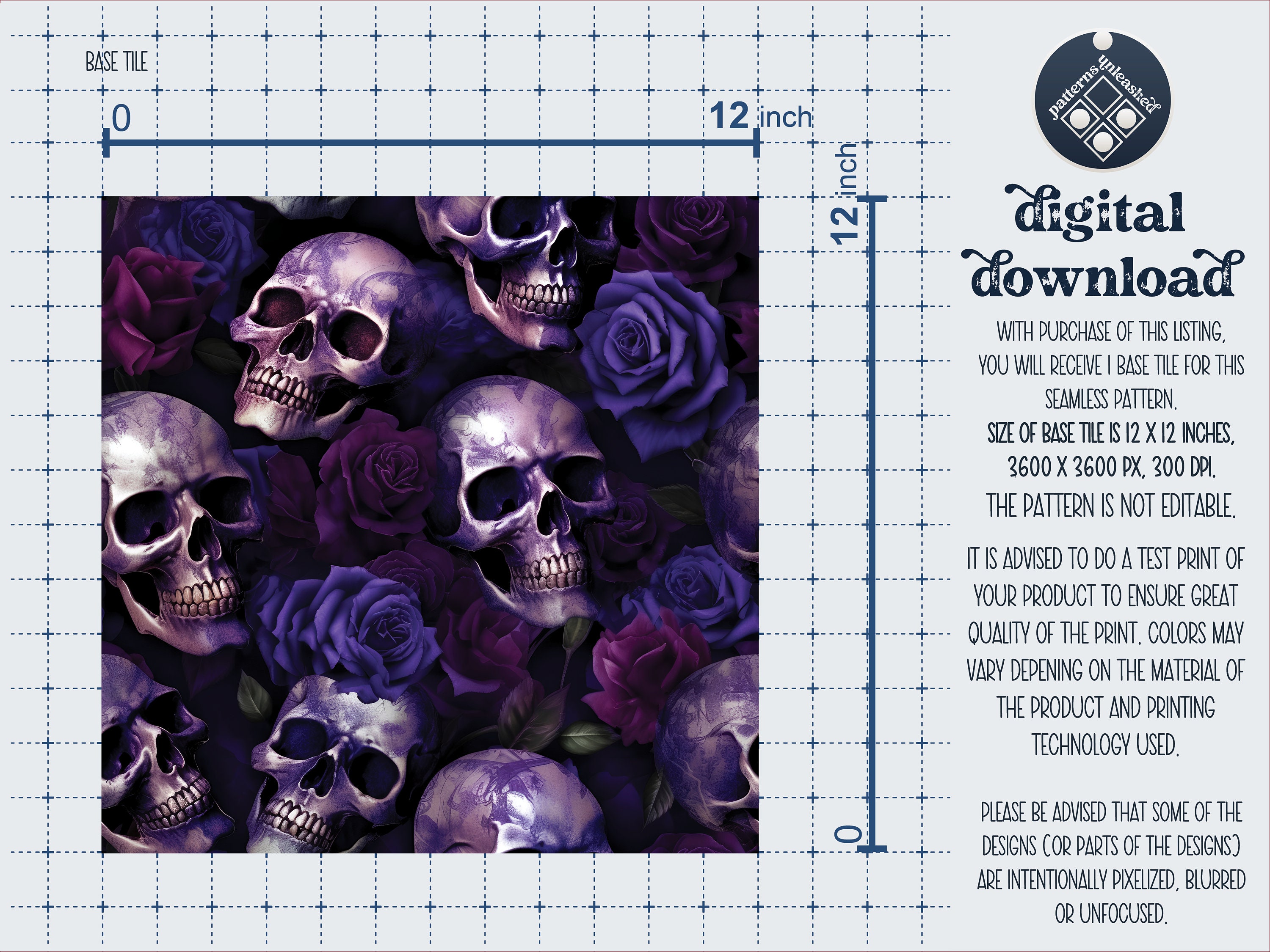 Purple Skulls Floral Seamless Pattern Unlimited Commercial Use Instant ...