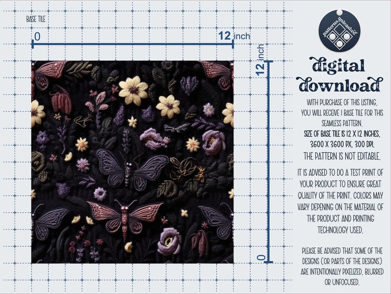 Night Garden Faux Embroidery Seamless Pattern Unlimited Commercial Use Digital Print File ...