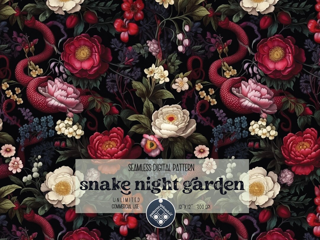 Snake Night Garden Seamless Pattern Unlimited Commercial Use Digital Print File Instant Download ...