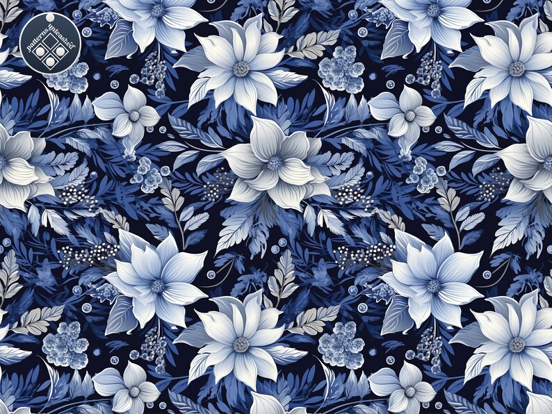 Blue Silver Floral Seamless Pattern Unlimited Commercial Use Digital ...