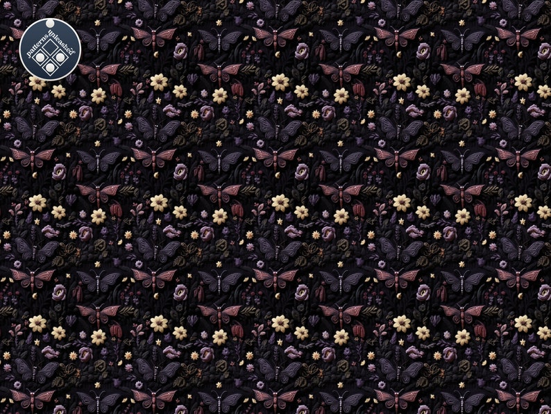 Night Garden Faux Embroidery Seamless Pattern Unlimited Commercial Use Digital Print File ...