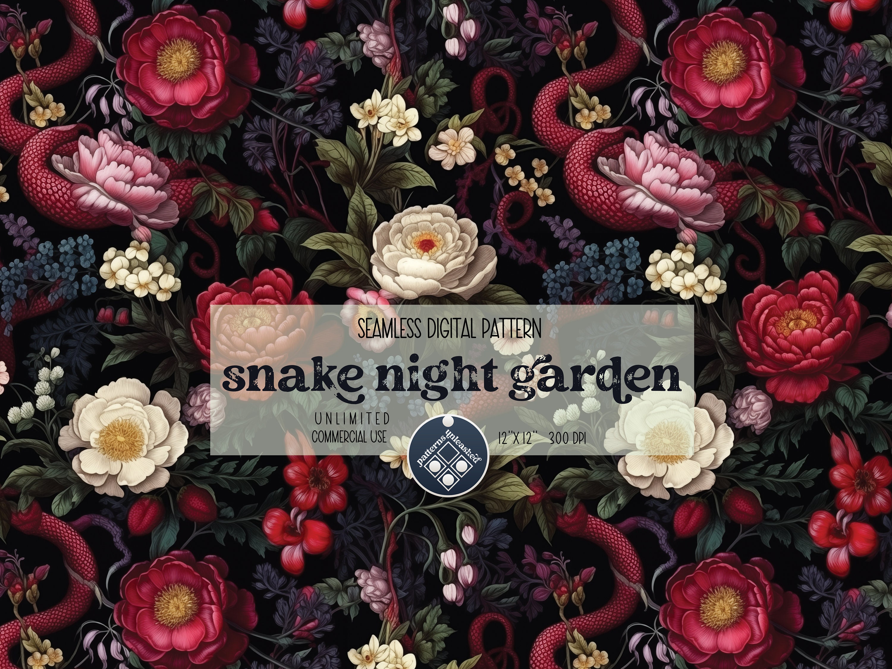 Snake Night Garden Seamless Pattern Unlimited Commercial Use Digital Print File Instant Download ...