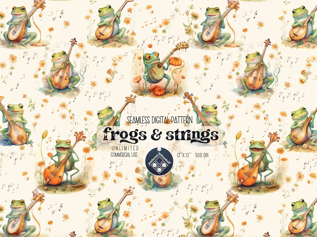 Cute Frogs and String Instruments Seamless Pattern Unlimited Commercial ...