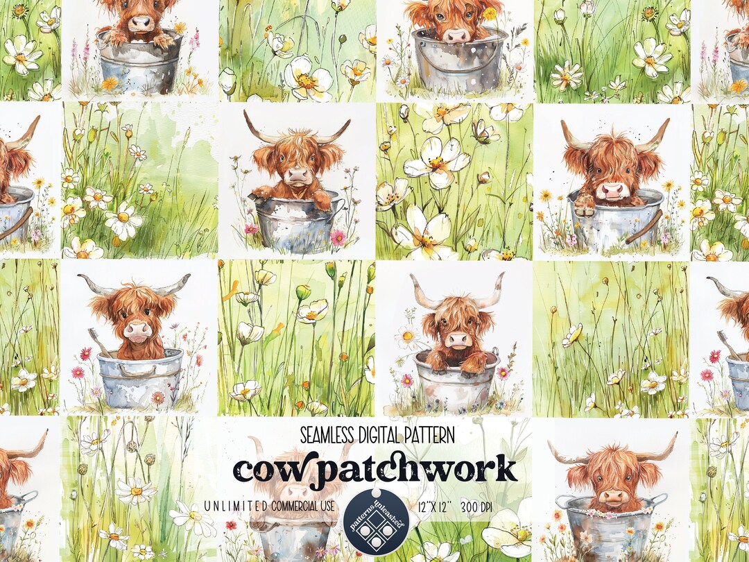 Highland Cows Patchwork Seamless Pattern Unlimited Commercial Use ...