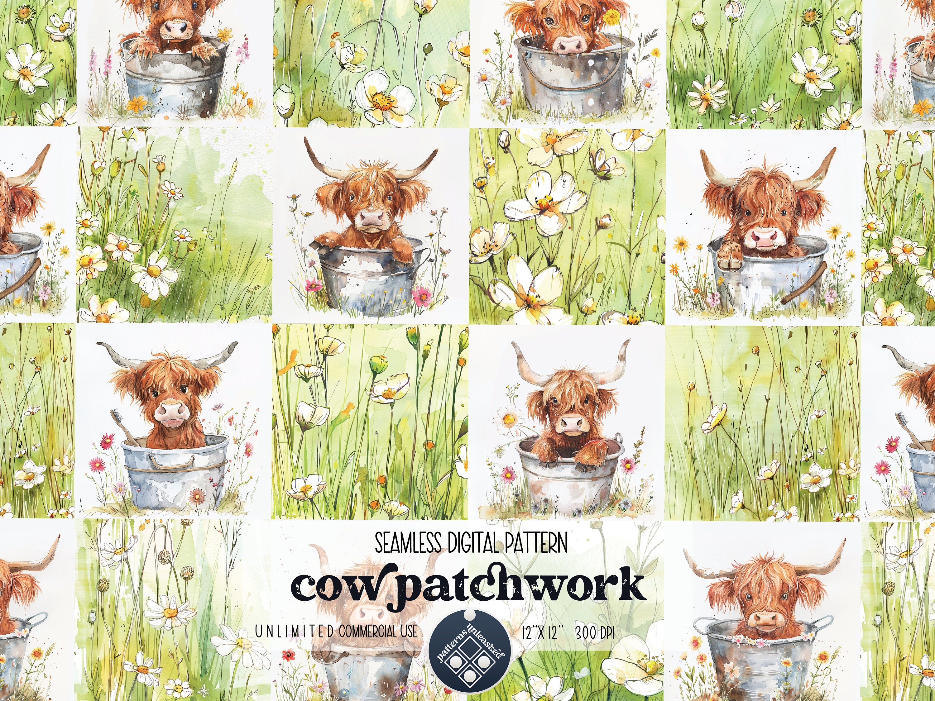 Highland Cows Patchwork Seamless Pattern Unlimited Commercial Use ...