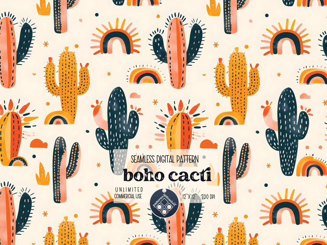 Boho Cacti Digital Seamless Pattern Unlimited Commercial Use Digital ...