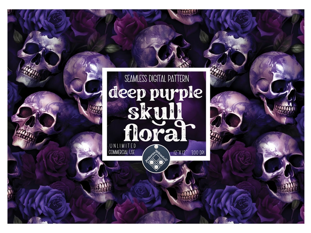 Purple Skulls Floral Seamless Pattern Unlimited Commercial Use Instant ...