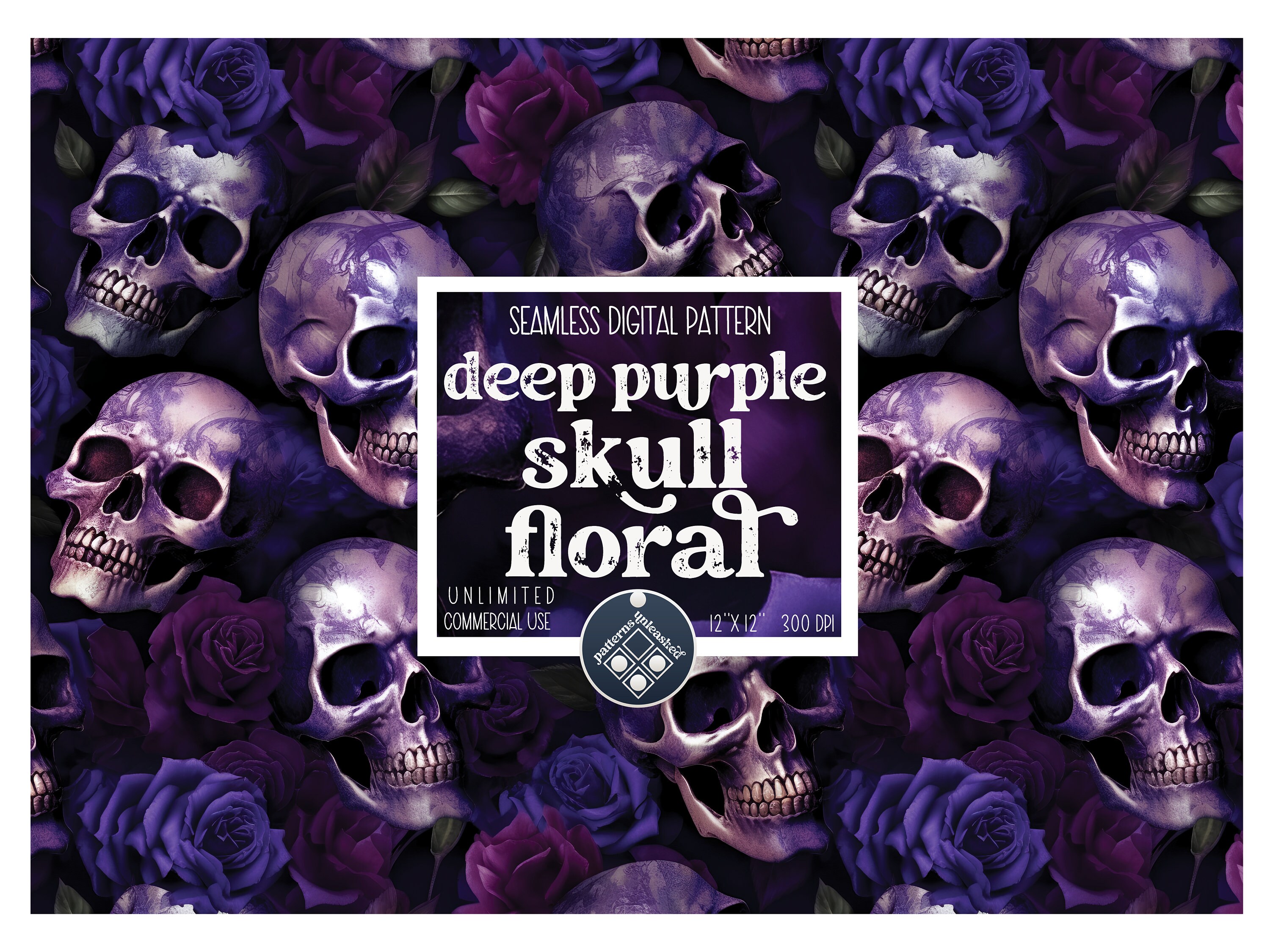 Purple Skulls Floral Seamless Pattern Unlimited Commercial Use Instant ...