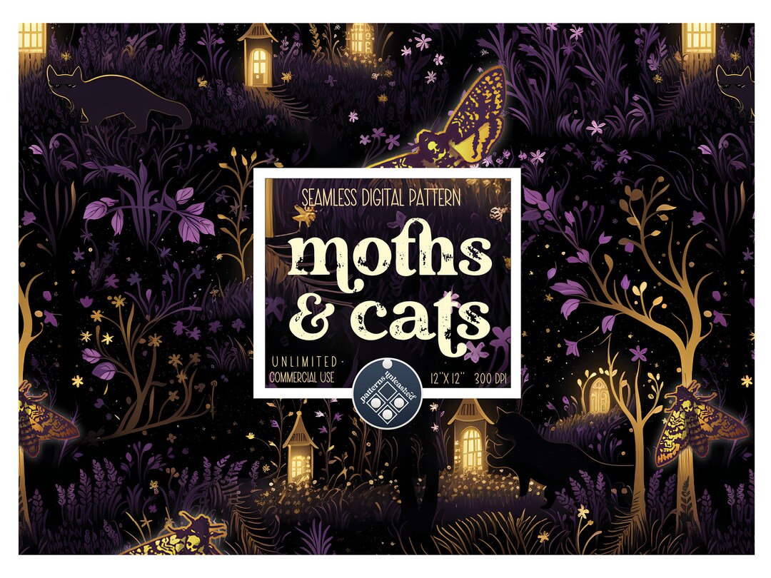 Moths & Cats Seamless Pattern Unlimited Commercial Use Digital Print ...