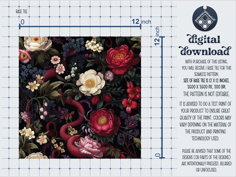 Snake Night Garden Seamless Pattern Unlimited Commercial Use Digital Print File Instant Download ...