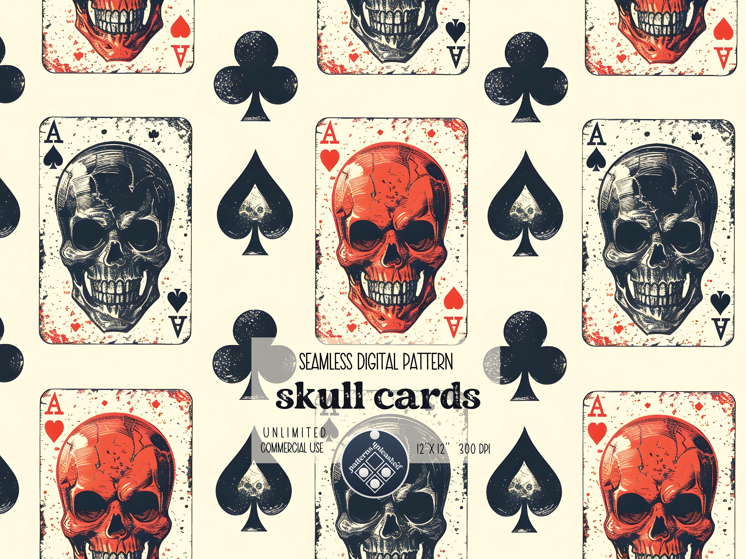Skull Cards Seamless Pattern Unlimited Commercial Use Digital Print ...