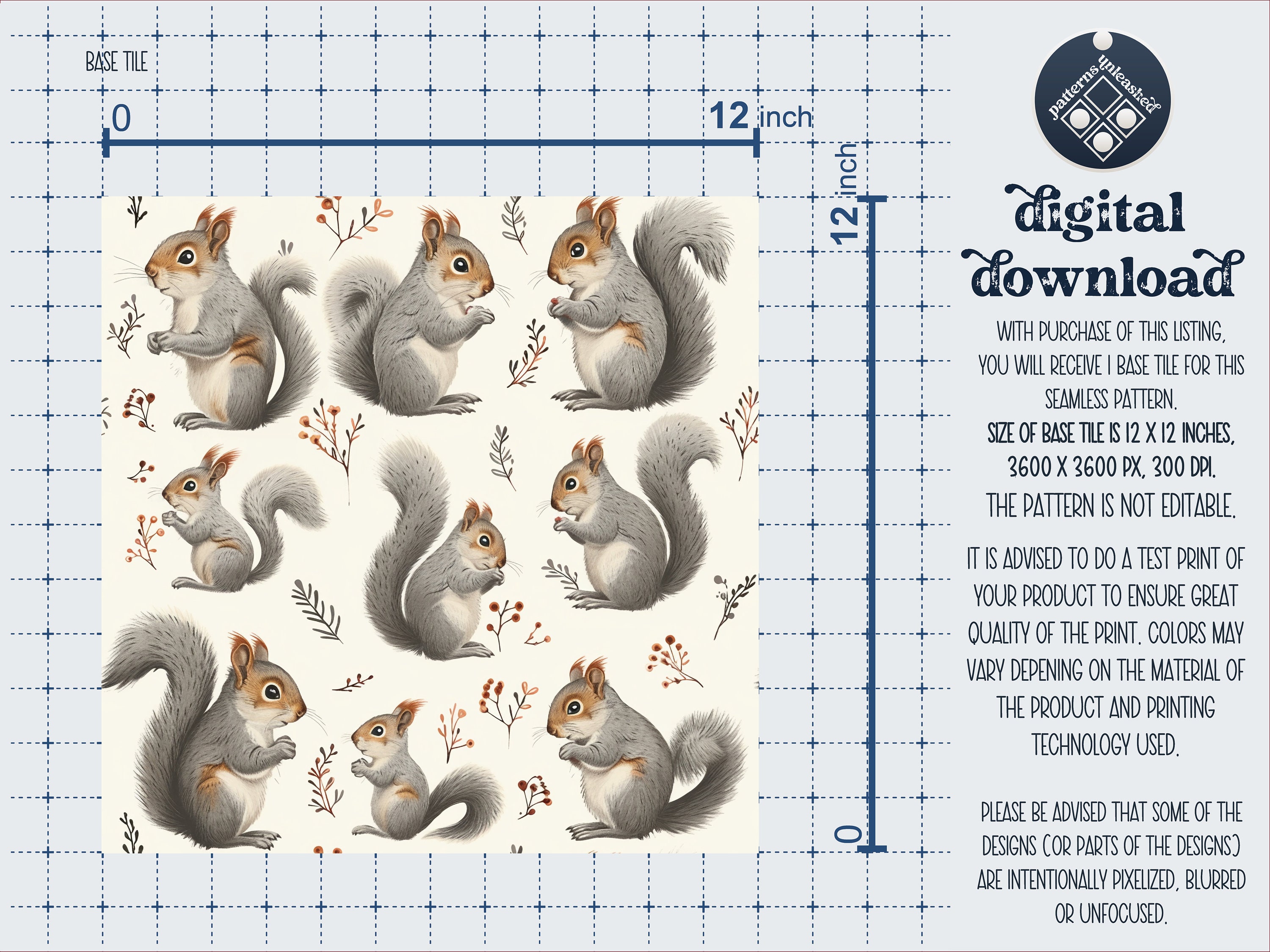 Grey Squirrels Seamless Pattern Unlimited Commercial Use Digital Print ...