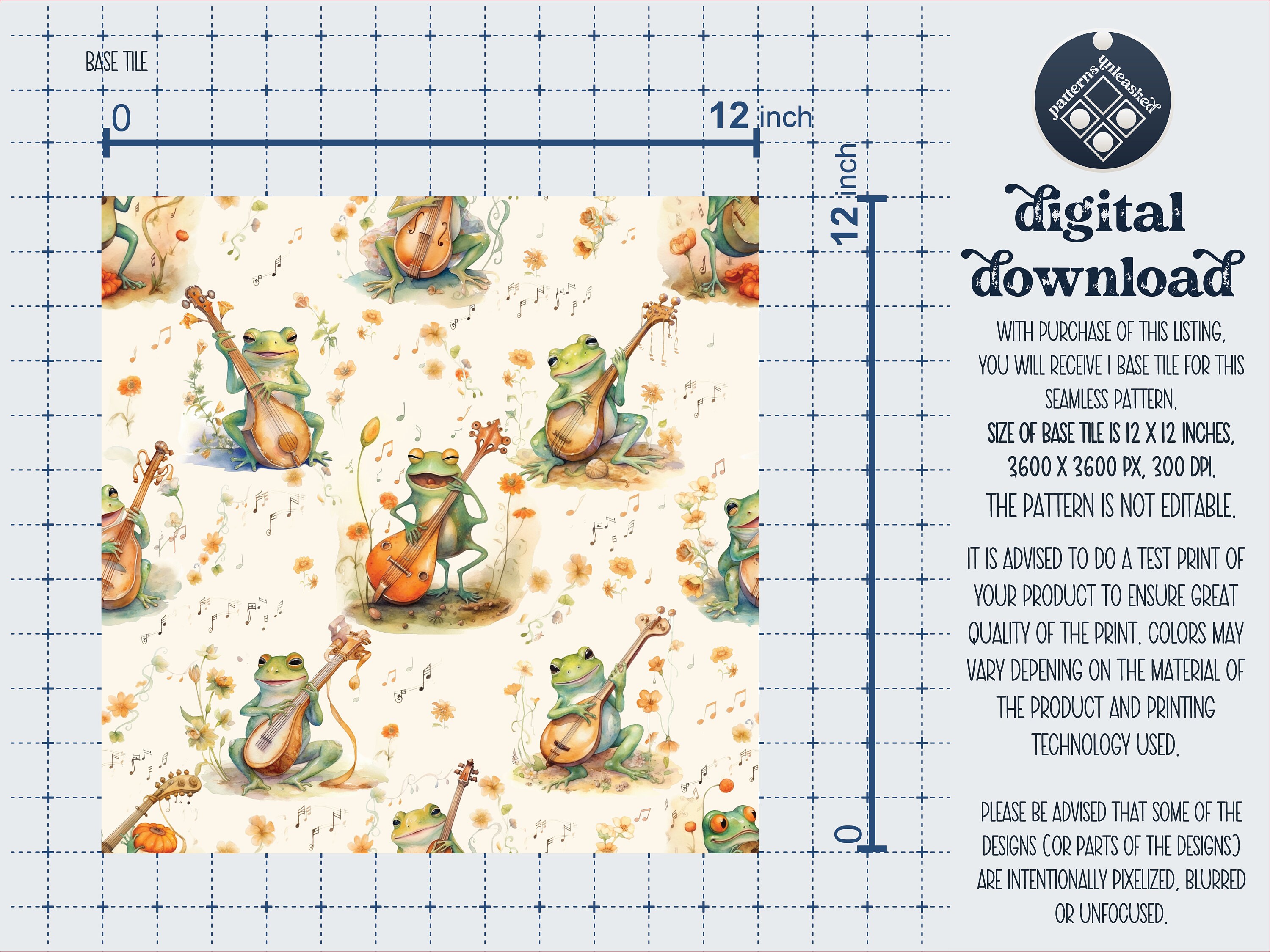 Cute Frogs and String Instruments Seamless Pattern Unlimited Commercial ...