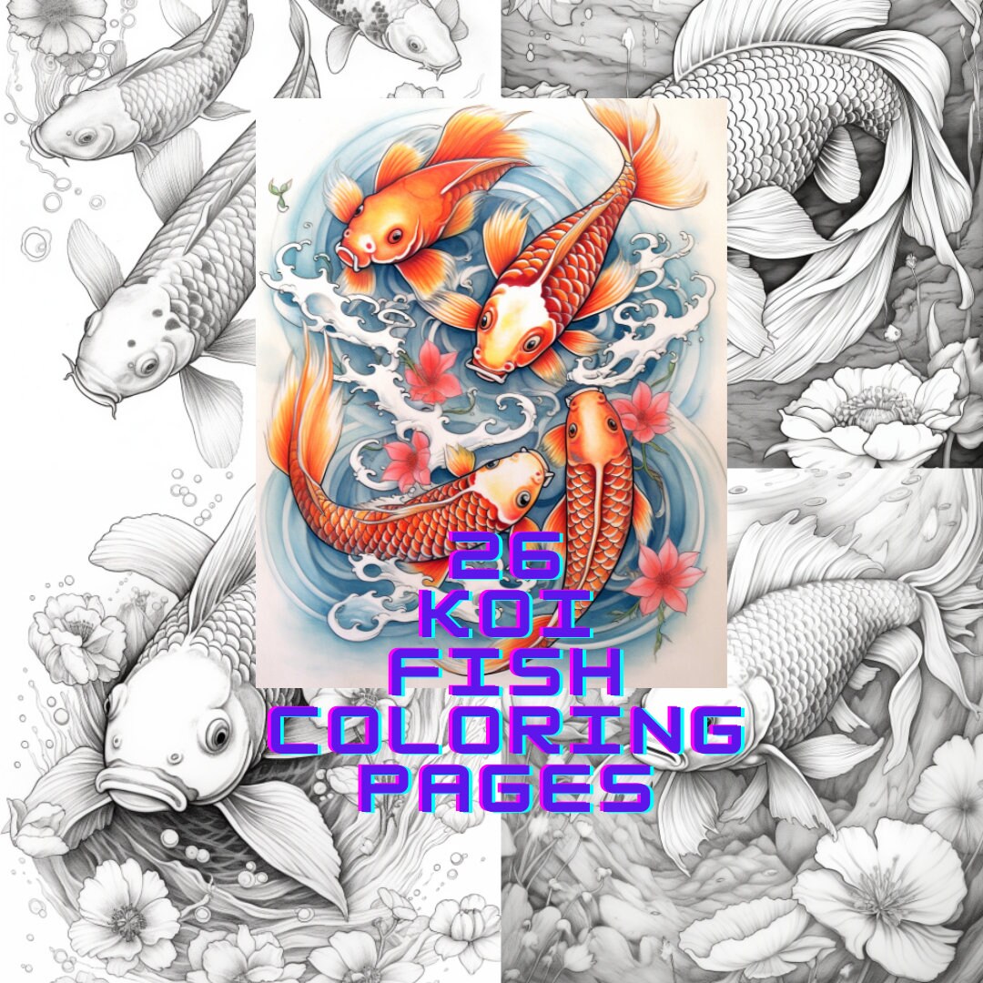 Koi Fish Coloring Book, 26 Pages Adults + Kids- Download - Grayscale ...