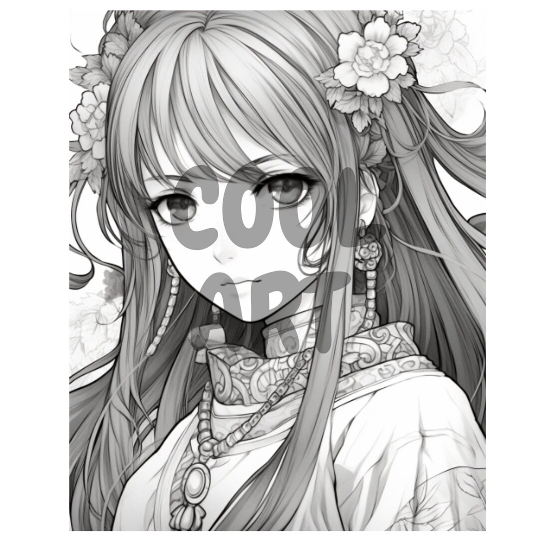 Anime Girls Coloring Book, 18 Pages Adults + Kids- Download - Grayscale ...