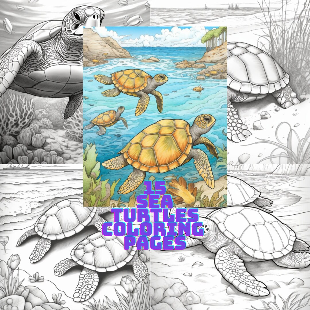 Sea Turtles Coloring Book, 15 Pages Adults + Kids- Download - Grayscale ...