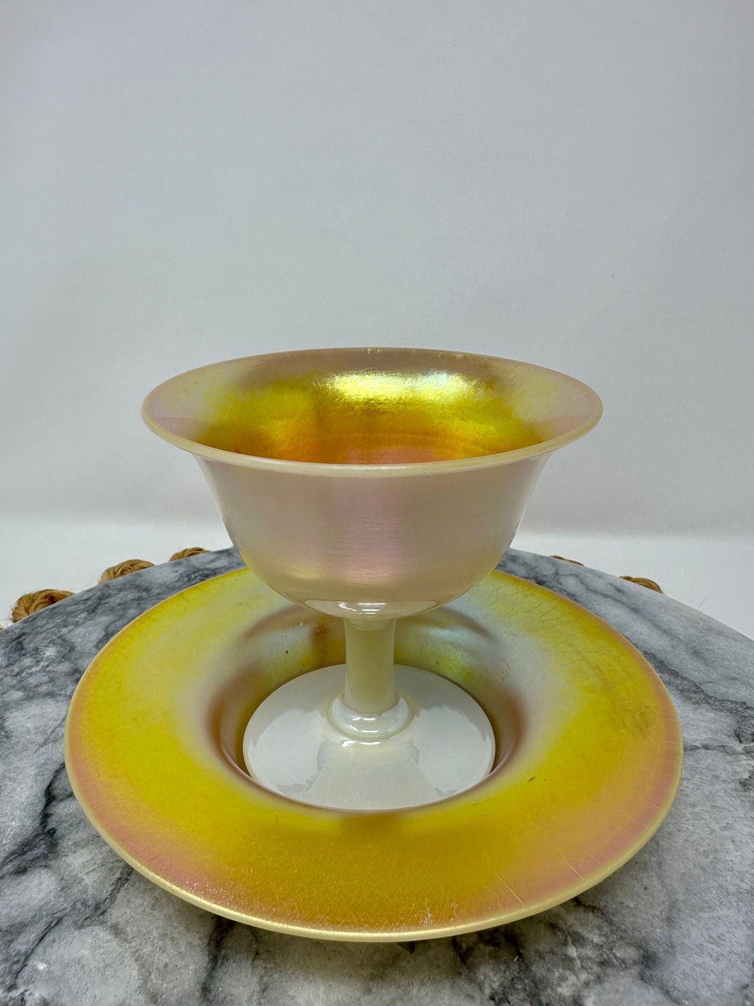 Steuben Calcite & Gold Aurene Iridescent Footed Sherbet Cup and Saucer ...