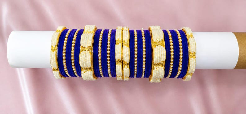 Royal Blue Bridal Bangles Set | Pearl & Gold Indian Wedding Chura - Etsy