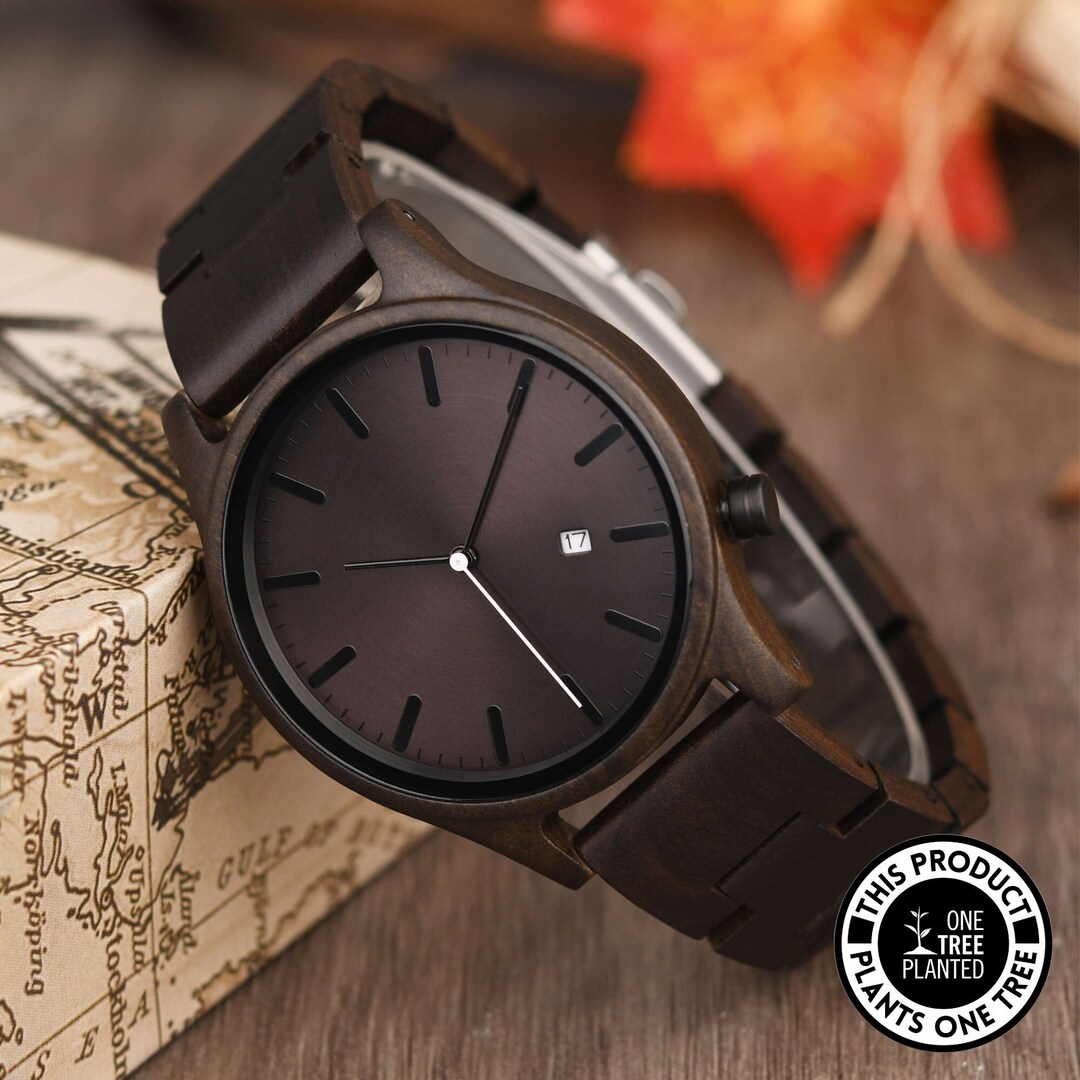 Engraved Wood Wrist Watch for Men, Personalized Ebony Wooden Watch ...