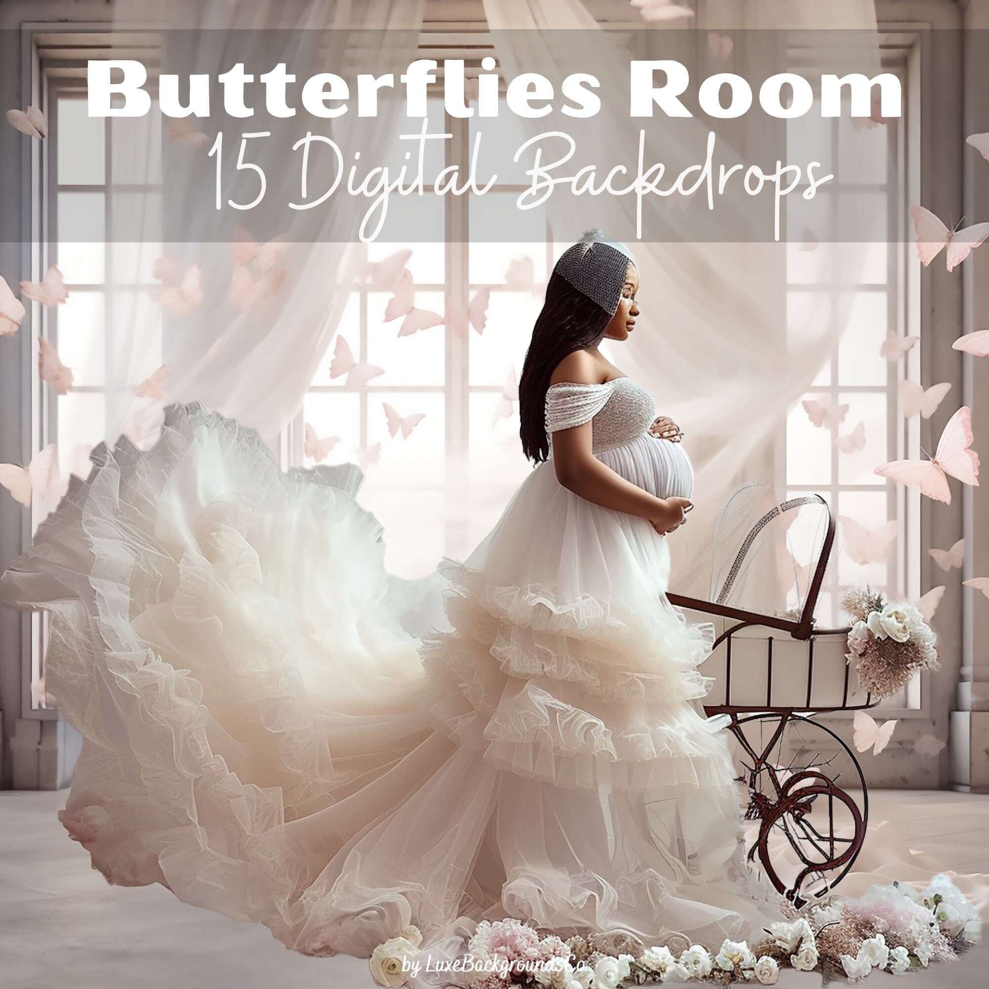 15 Butterflies Room Digital Backdrop, White Room Backgrounds, Fabric ...