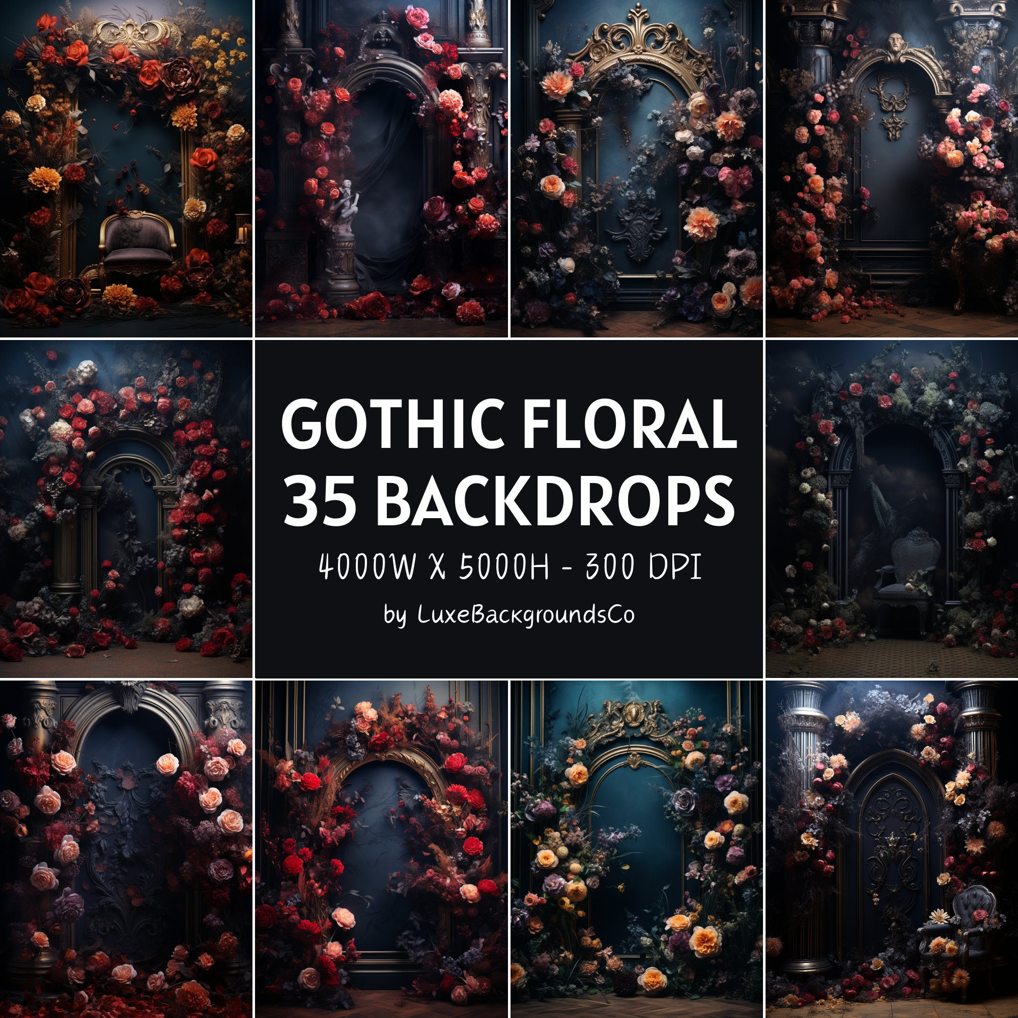 35 Gothic Floral Backdrops, Gothic Scene Digital Backdrop, Halloween ...