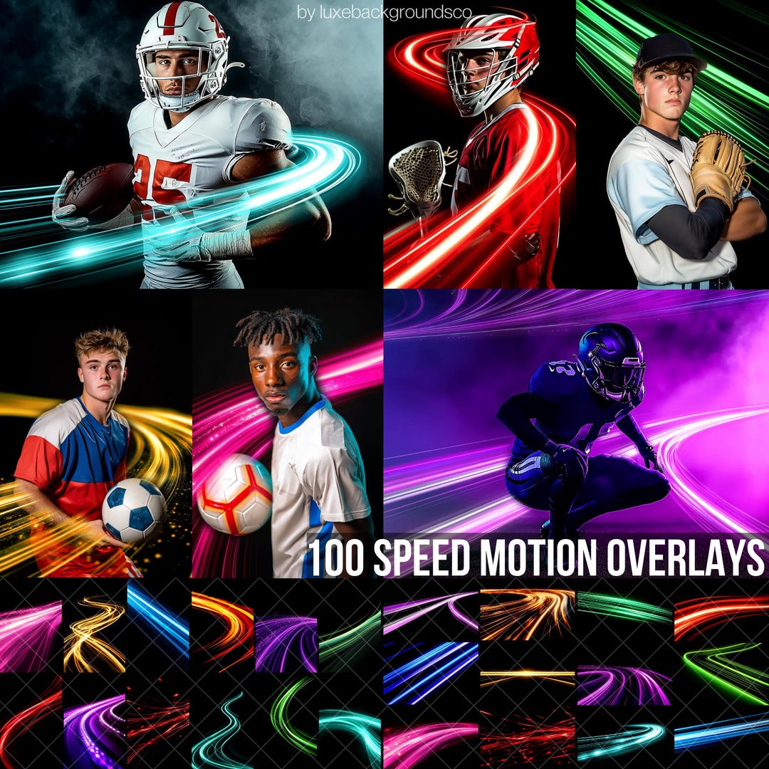 100 Speed Motion Overlays for Photoshop, Sports Light Effects, Digital ...
