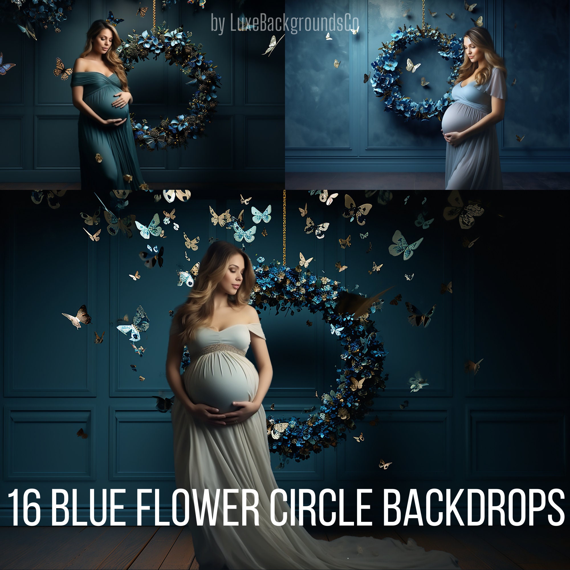 16 Blue Flower Circle With Butterfly Backdrop,blue Floral Hoop ...